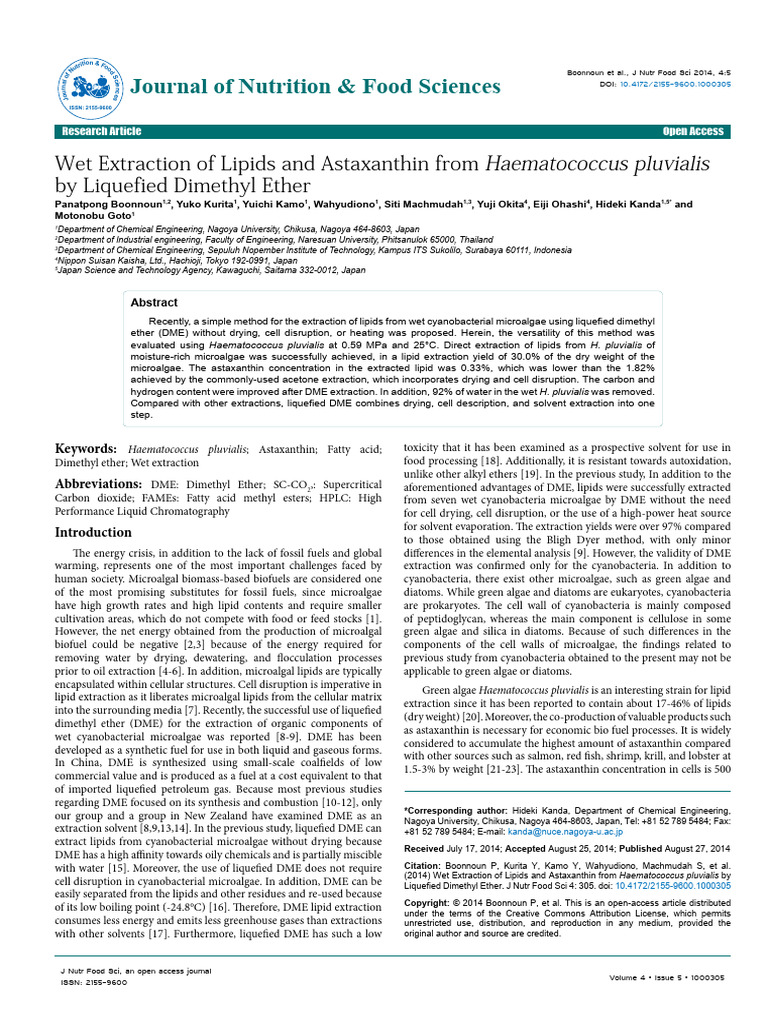 Wet Extraction of Lipids and Astaxanthin From Haematococcus Pluvialis ...