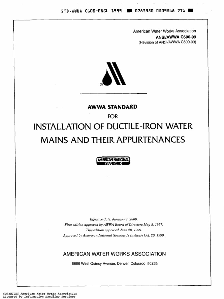 AWWA C600 1999 Installation of Ductile | PDF | Pipe (Fluid Conveyance ...