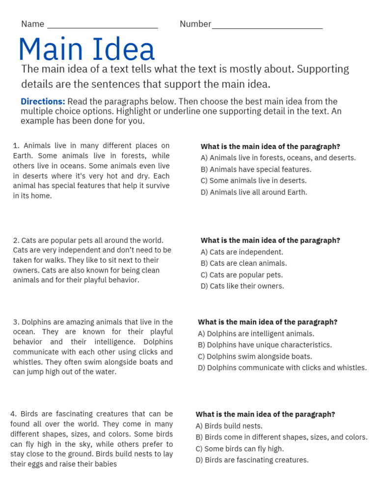 Main Idea Practice | PDF | Dolphin | Birds