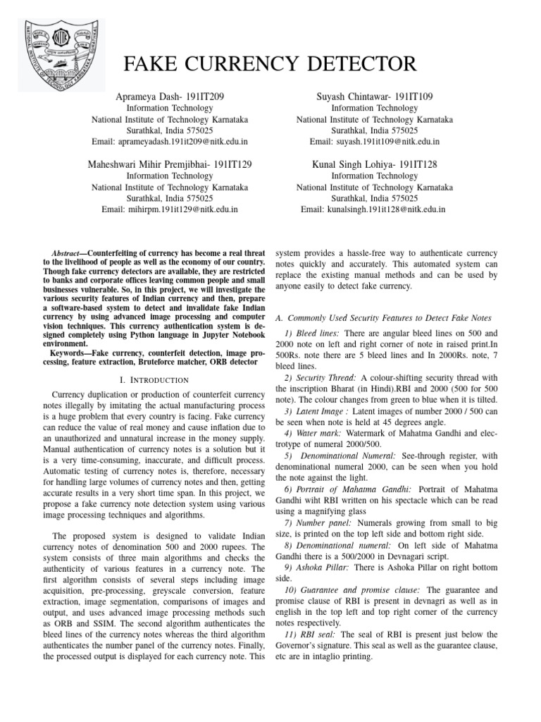 Fake Currency Detector Report | PDF | Computer Vision | Image Segmentation