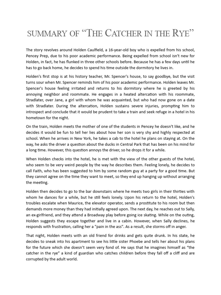 The Catcher in The Rye Summary | PDF