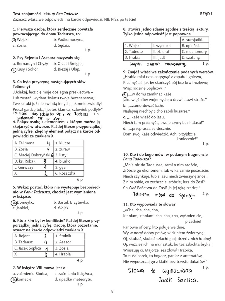 Sprawdzian Pan Tadeusz | PDF