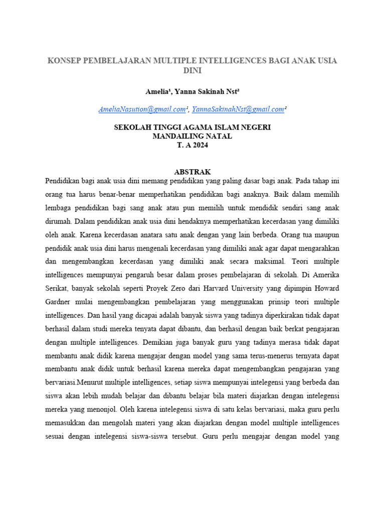 Konsep Pembelajaran Multiple Intelligences Bagi Anak Usia Dini | PDF