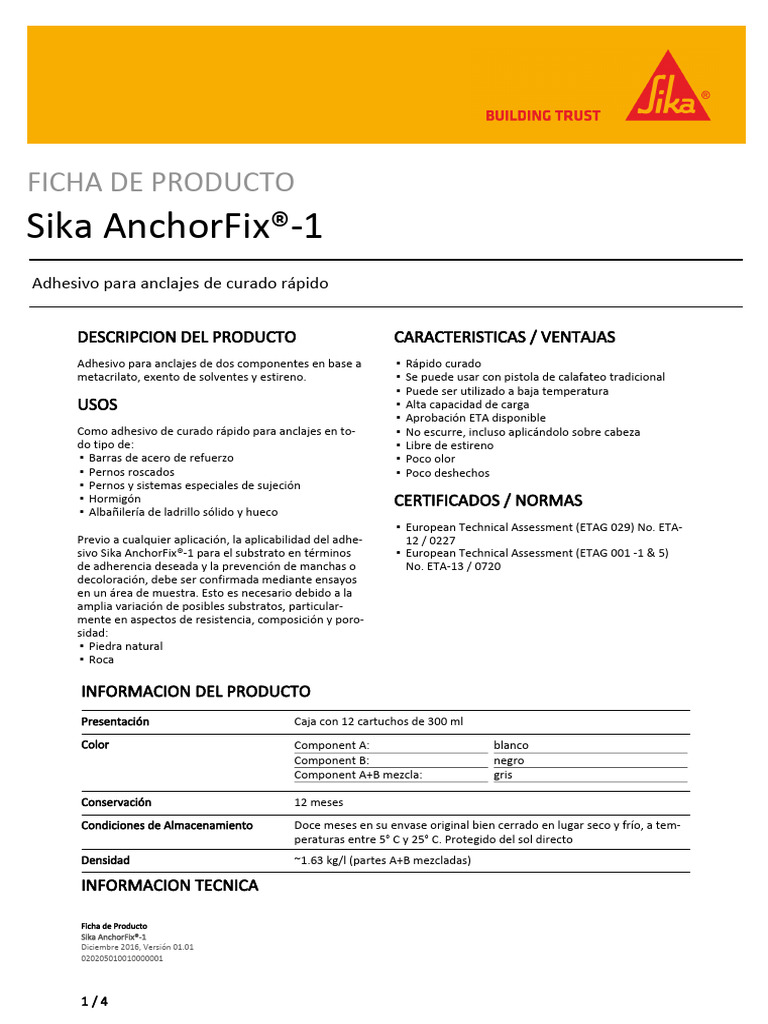 Ficha Tecnica - SIKA Anchorfix -1 | PDF | Perforación | Hormigón