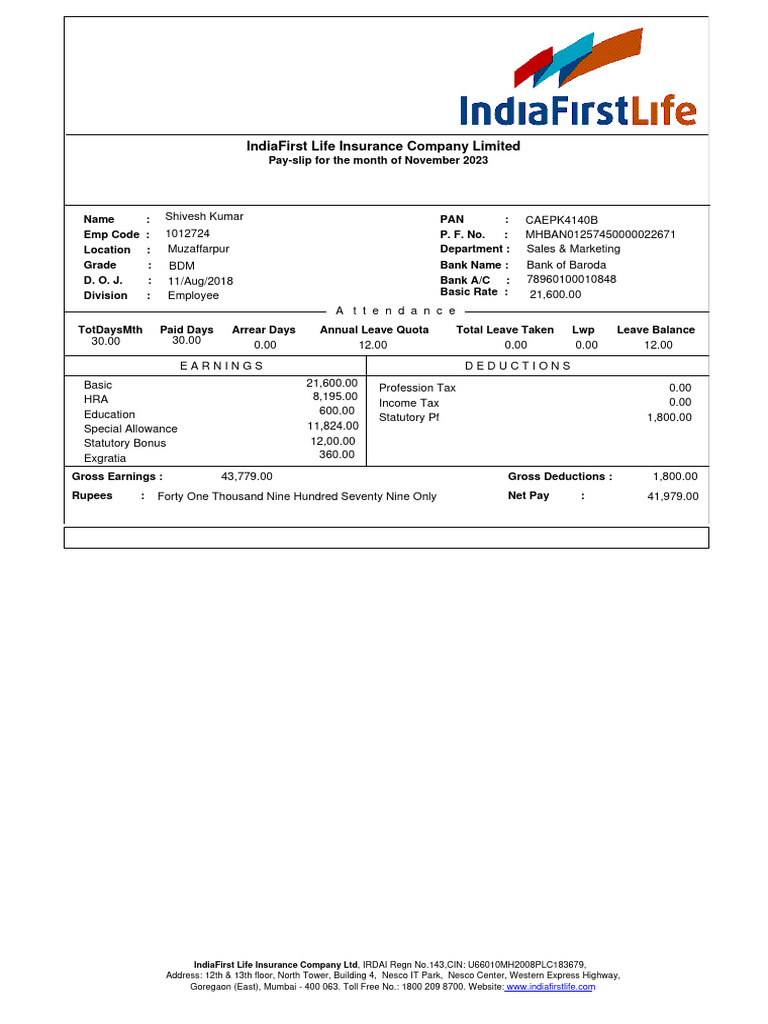Monthly Payslip November_2023-24AAB | PDF | Economies | Government Finances