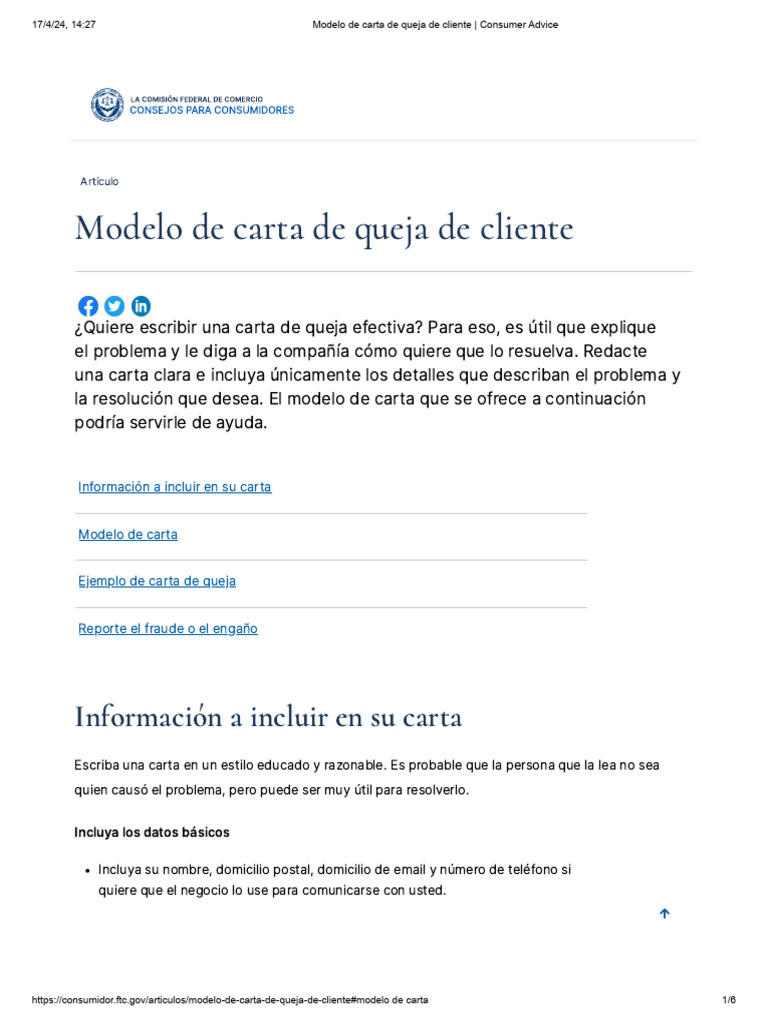 Modelo Carta Queja Cliente FTC | PDF | Los consumidores