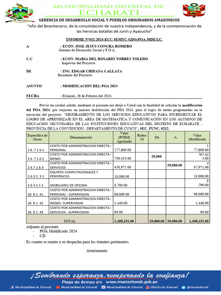 INFORME N° 031 MODIFICACION DE POA 2024 | PDF