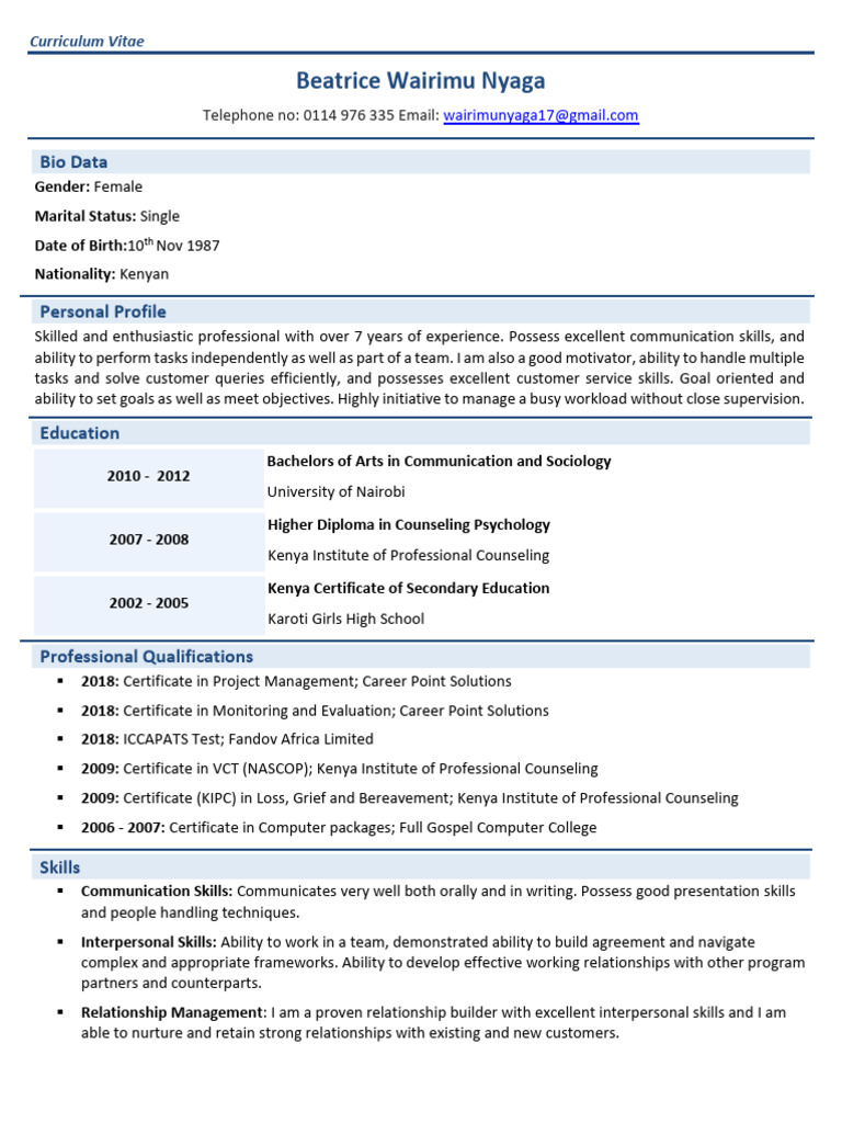 Beatrice Nyaga's CV-Revised 2021 | PDF | Counseling Psychology | Sales Beatrice Nyaga's CV-Revised 2021 | PDF | Counseling Psychology | Sales