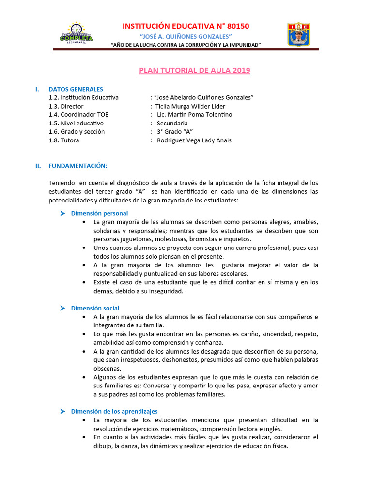 PLAN TUTORIAL DE AULA 2019 | PDF