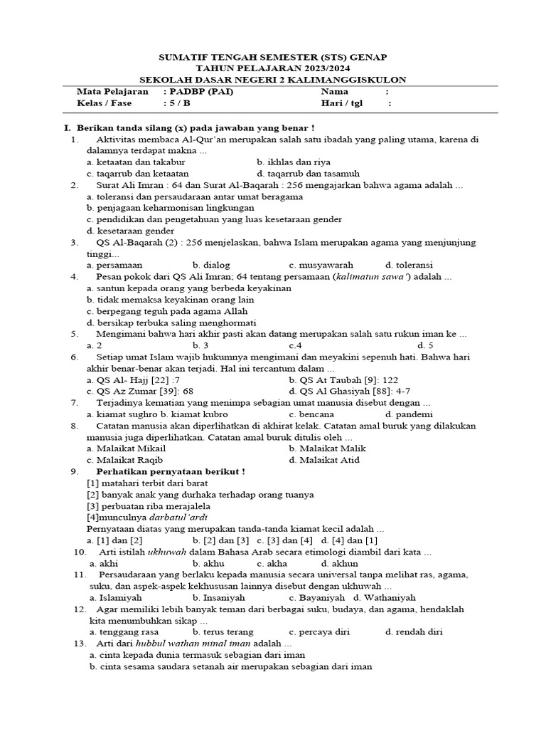 Soal PTS Genap Kelas 5 Kumer | PDF | Kajian Bahasa Asing | Agama & Spiritualitas