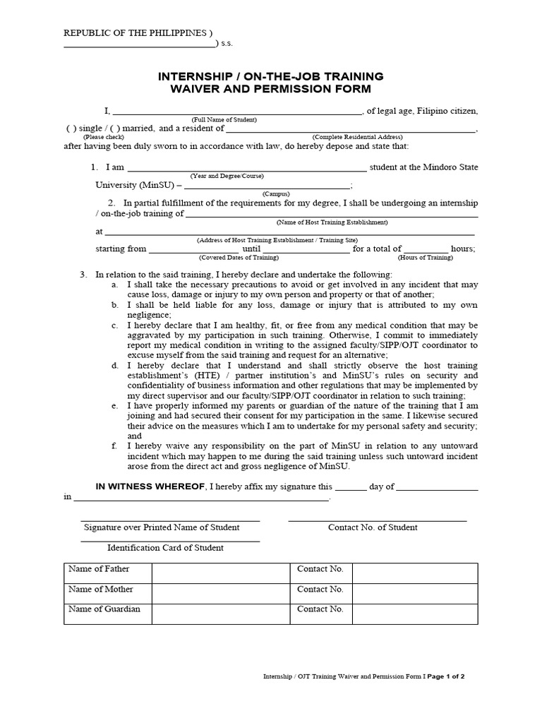 Internship OJT Waiver and Permission Form | PDF | Justice | Crime & Violence