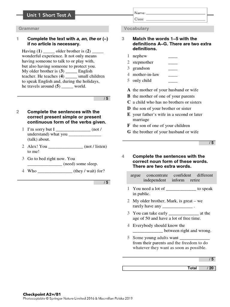 Checkpoint A2+ B1 Unit 1 Short Test A | PDF | English Language ...