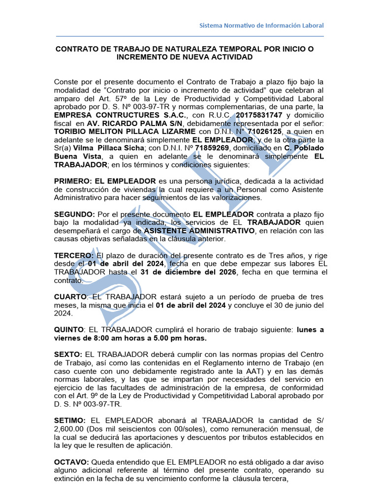 COtTRATO DE TRABAJO POR INICIO DE NUEVA ACTIVIDAD | PDF | Derecho laboral | Justicia