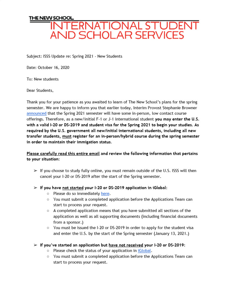10 16 20 Email To NEW Students Post University Announcement Spring 2021 ...
