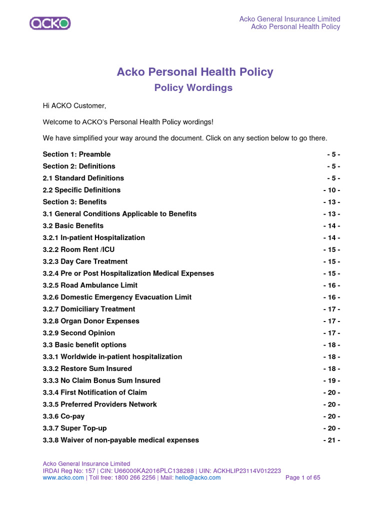 Acko Personal Health Policy Policy Wordings | PDF | Insurance ...