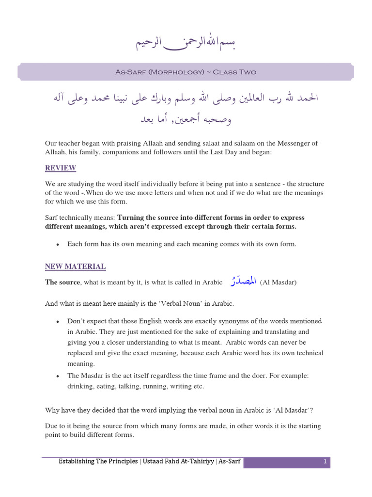 Fahd At-Tahiriyy Sarf Class 02 | PDF | Arabic | Linguistics
