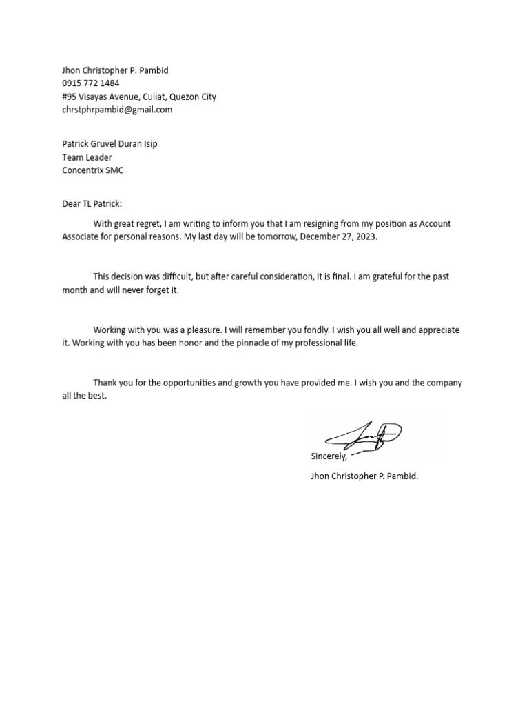 Resignation Letter | PDF