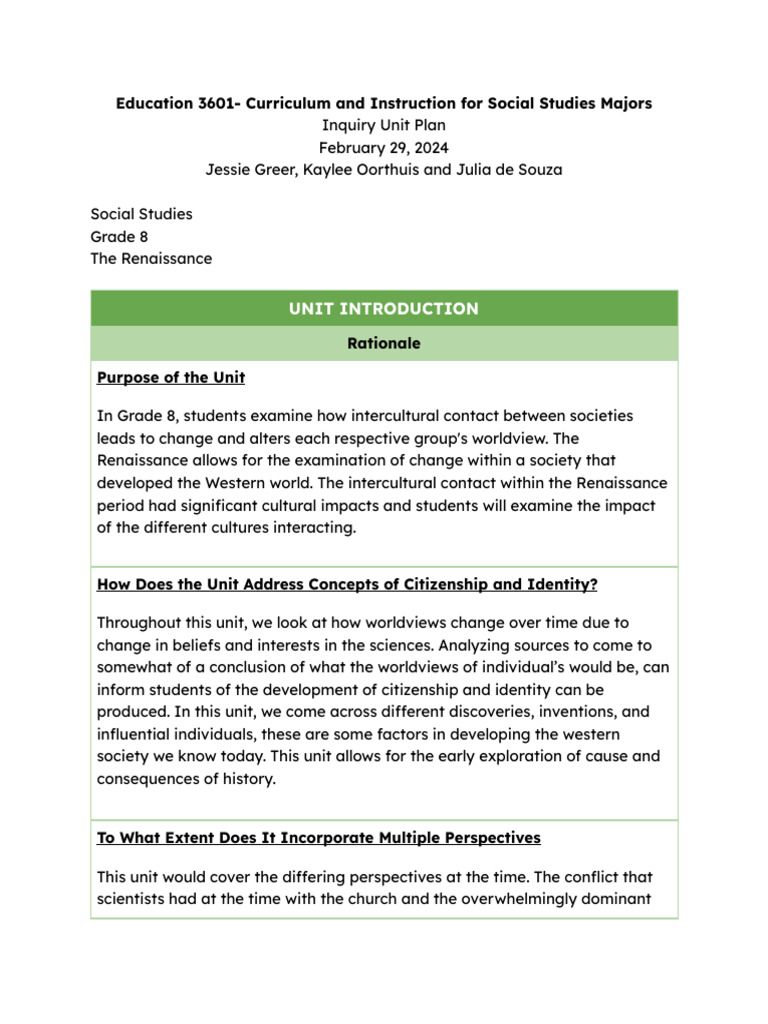 Inquiry Unit Plan | PDF | Renaissance | Humanism