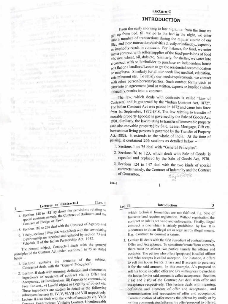 Law of Contract - 1 Lecture | PDF