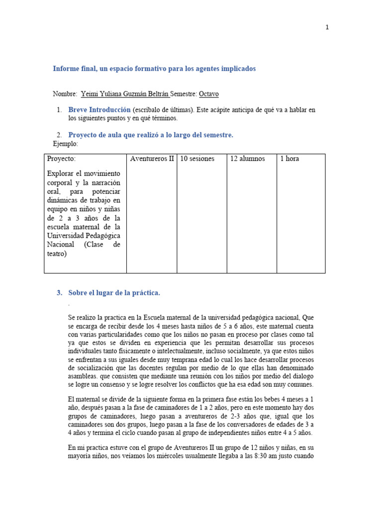 Informe Final Practica Educativa | PDF | Educación de la primera infancia | Narración