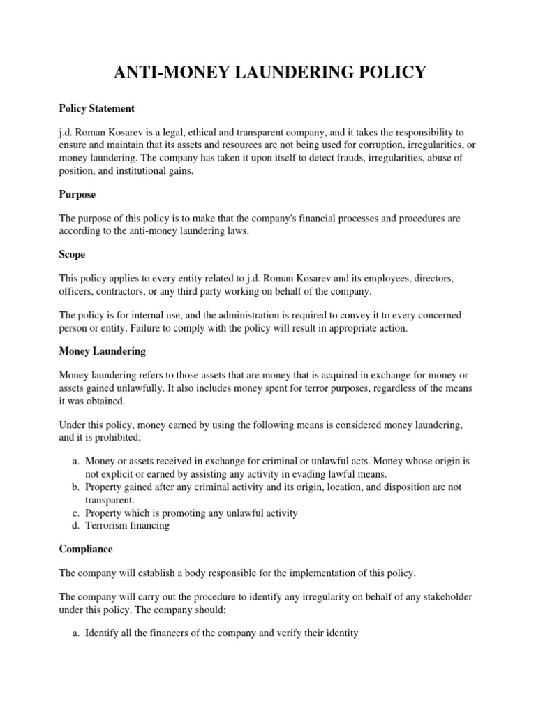 Anti-Money Laundering Policy | PDF | Money Laundering | Terrorism Financing