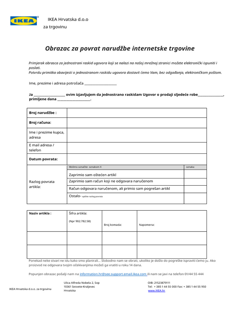 Obrazac Za Povrat Narudzbe New | PDF