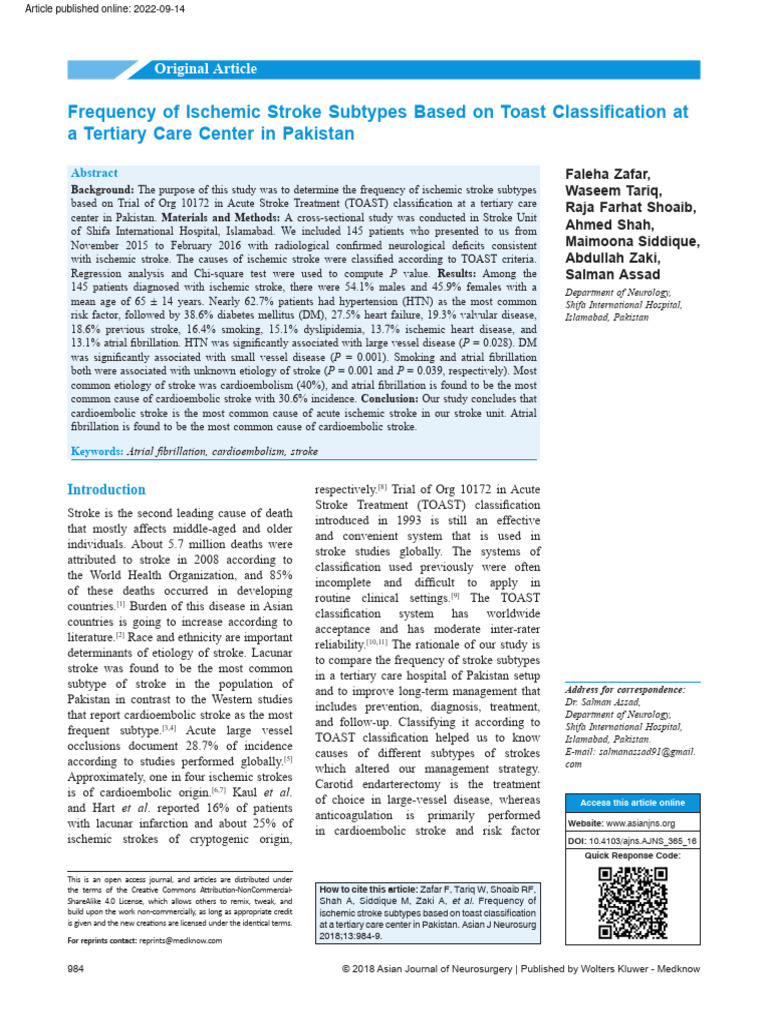 Frequency of Ischemic Stroke Subtypes Based On TOAST Classification in ...