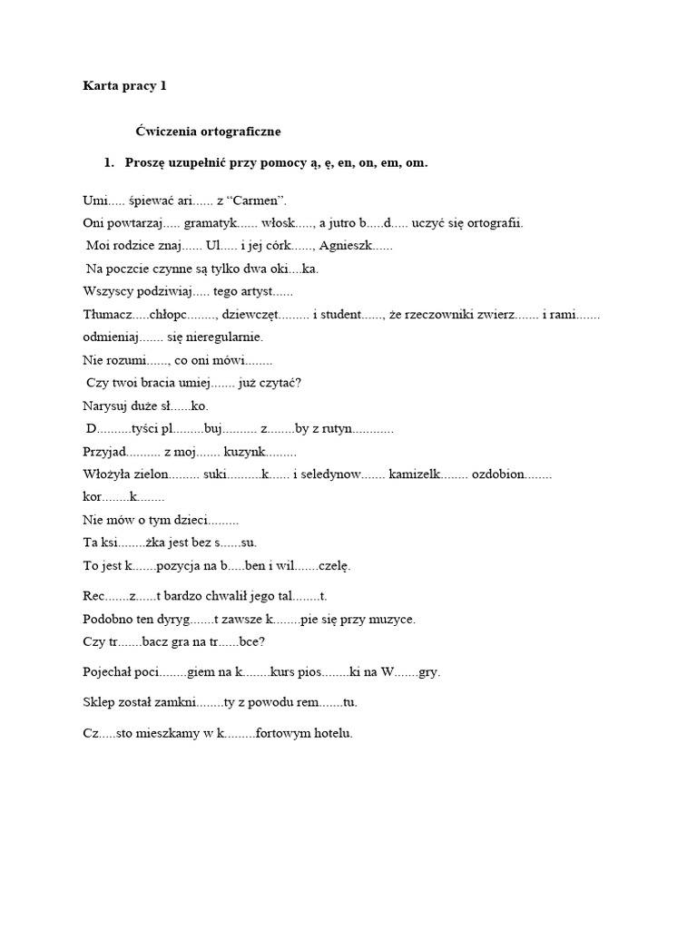 Karta Pracy 1 - Pisownia Wyrazów Zą, Ę, On, Om, En, em | PDF