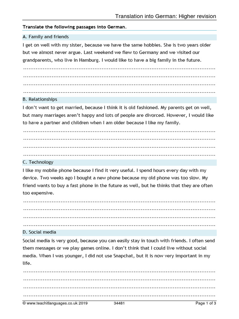 German Translation Practice: Family & Hobbies | PDF