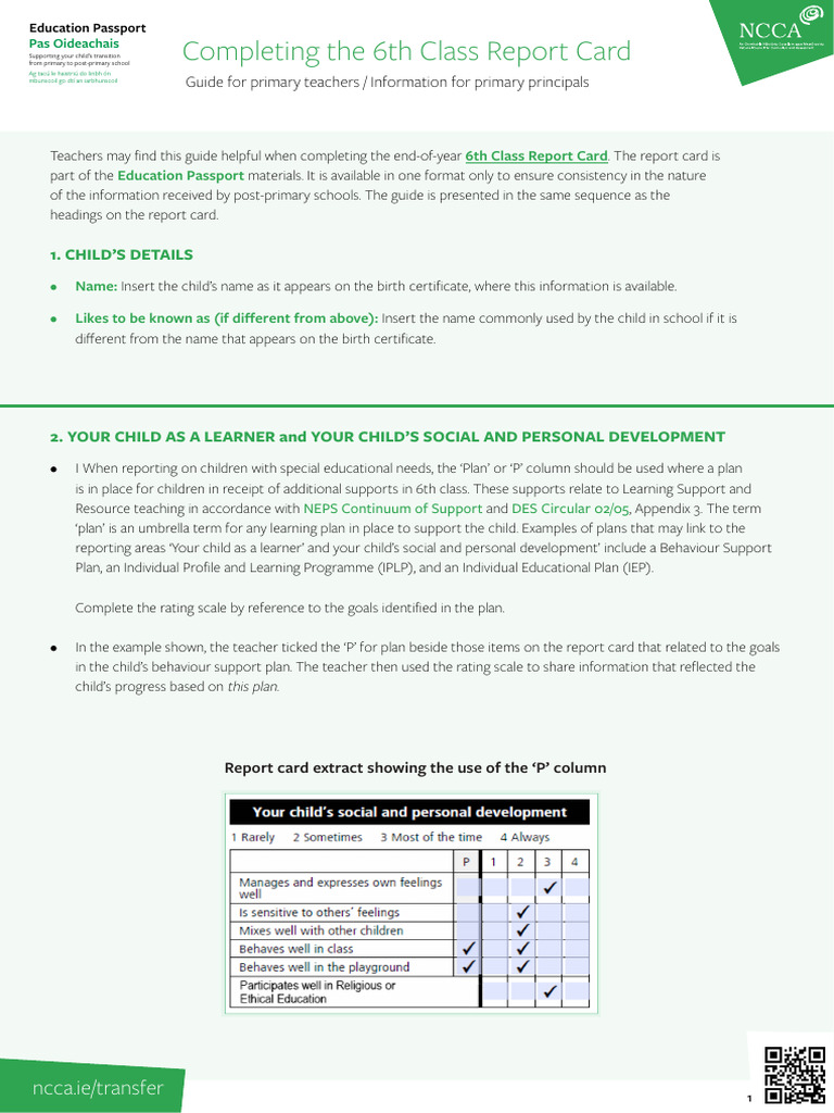 Guide to 6th Class Report Card Completion | PDF | Learning | Teachers