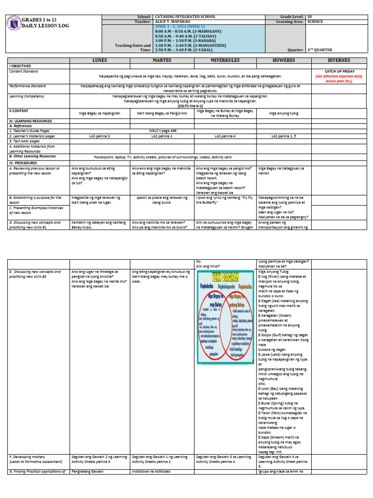 DLL - Science 3 - Q4 - W1 | PDF