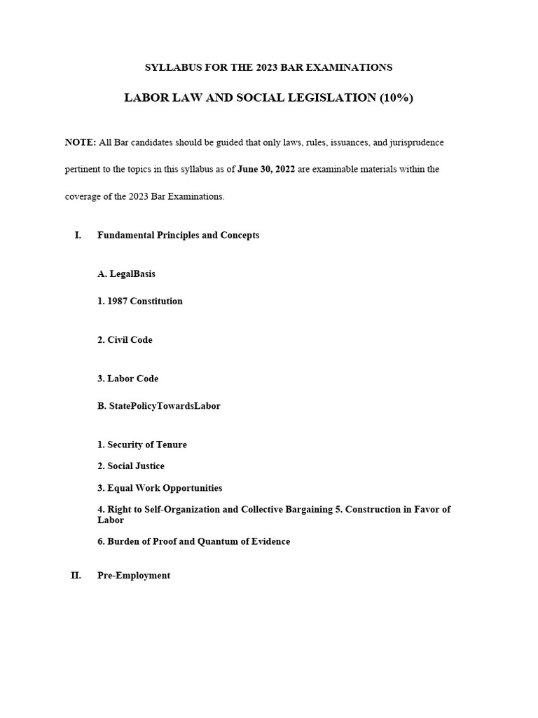 Syllabus For The 2023 Bar Examinations | PDF | Labour Law | Employment