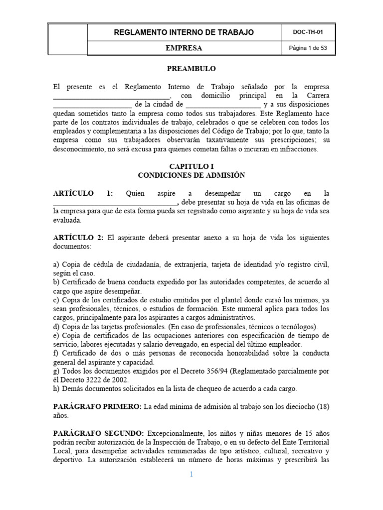 Reglamento Interno de Trabajo | PDF | Salario | Tiempo de trabajo
