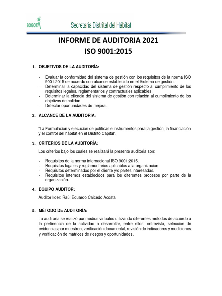 Informe de Auditoria Interna Calidad ISO 9001-2015 vigencia 2021 | PDF | Auditoría | Evaluación