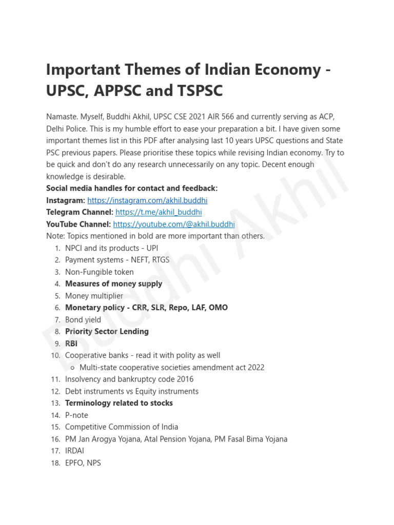 Important Themes of Indian Economy - UPSC, APPSC and TSPSC | PDF | Government Budget Balance ...