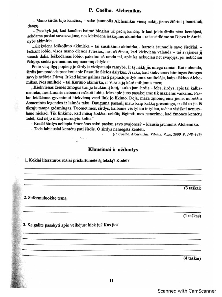 P. Coelho. Alchemikas Teksto Suvokimas X Kl. | PDF P. Coelho. Alchemikas Teksto Suvokimas X Kl. | PDF