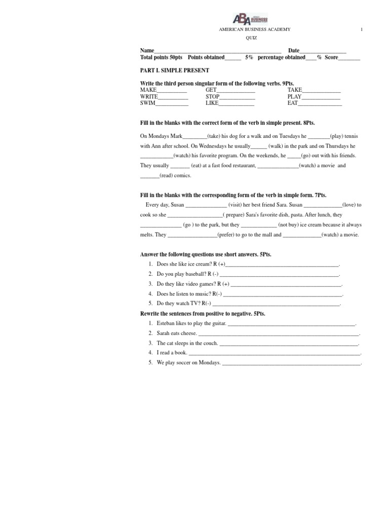 5 Quiz Simple Present Pdf Grammar Linguistics