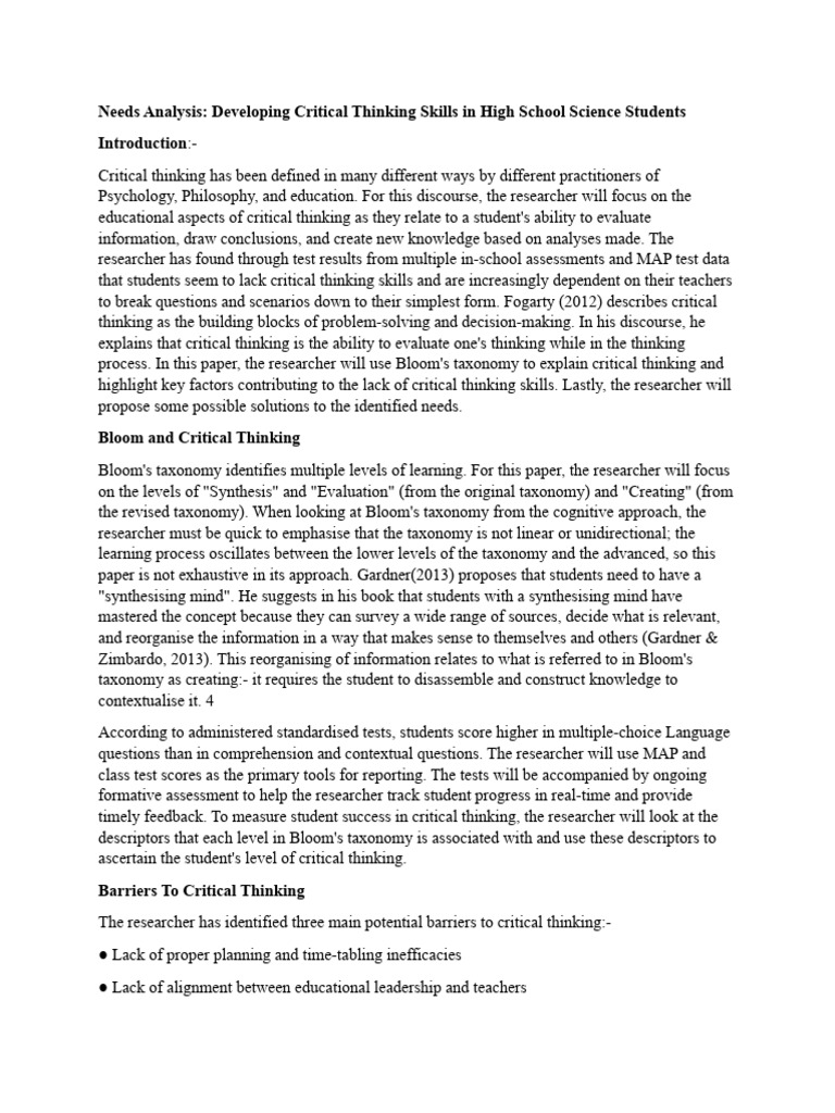 Needs Analysis Sample 1 | PDF | Critical Thinking | English As A Second ...