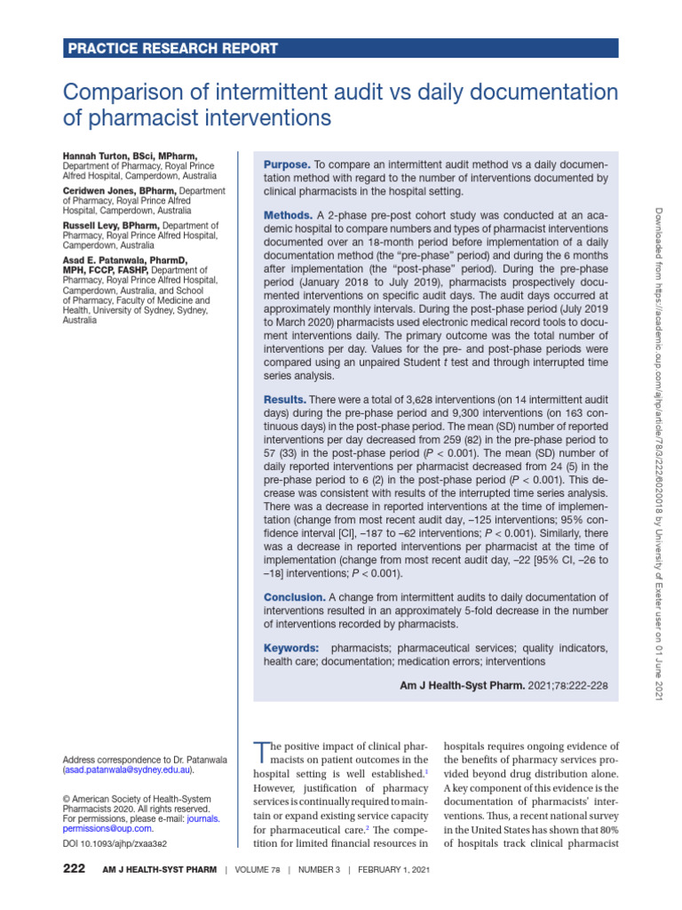 Comparison of Intermittent Audit Vs Daily Documentation of Pharmacist ...