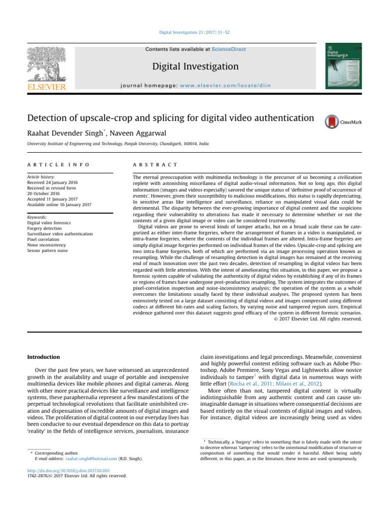 Detection of Upscale-Crop and Splicing For Digital Video Authentication | PDF | Discrete Fourier ...