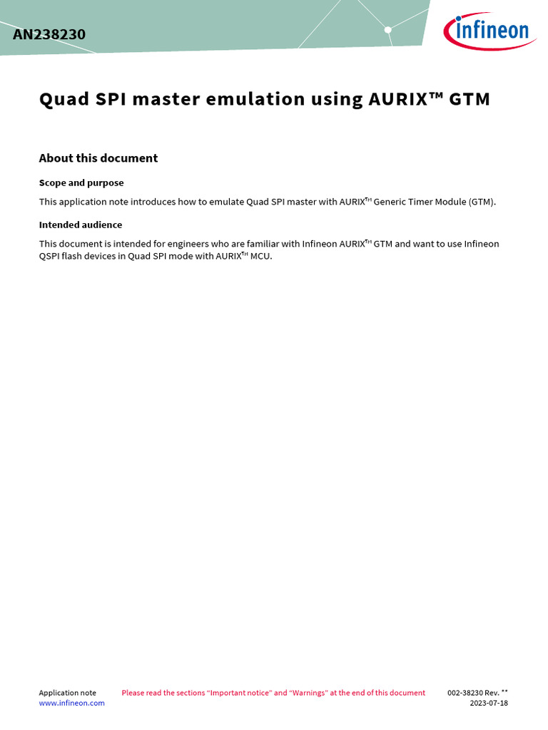 Infineon An238230 Quad Spi Master Emulation Using Aurix Tm Gtm Applicationnotes V01 00 En