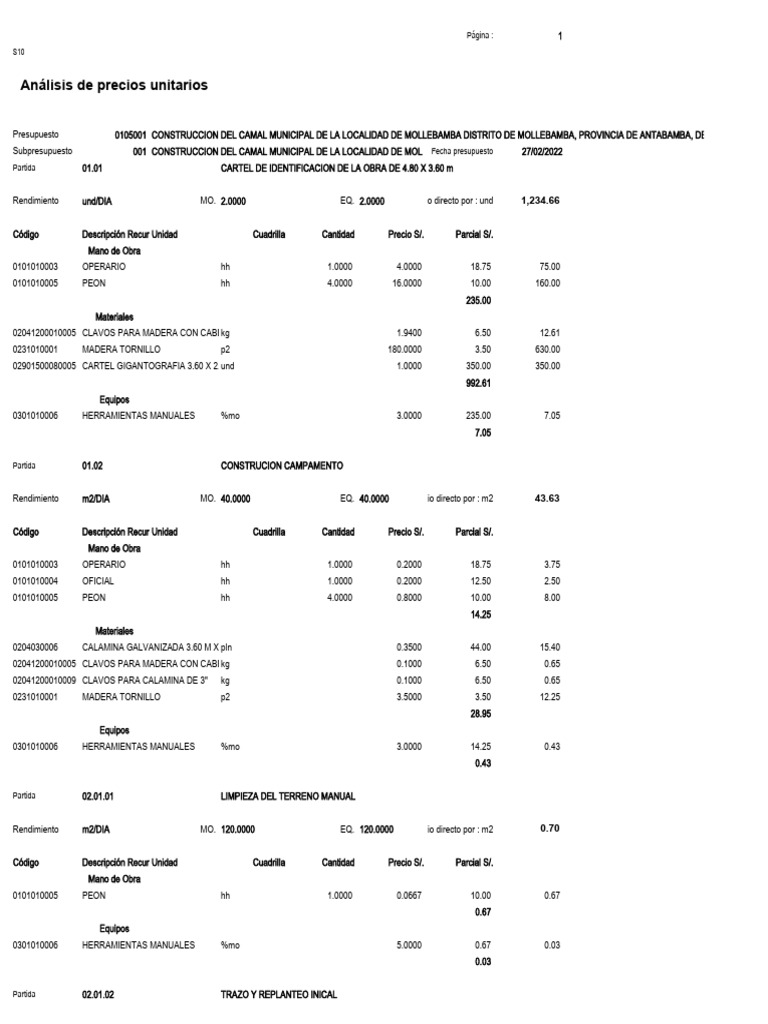 Análisis de Precios Unitarios: Página | PDF | Hormigón | Materiales