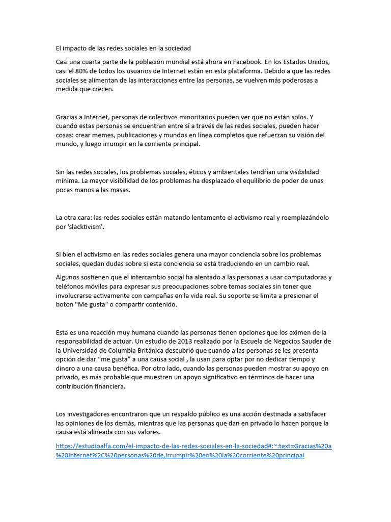 El Impacto de Las Redes Sociales en La Sociedad | PDF | Redes sociales ...