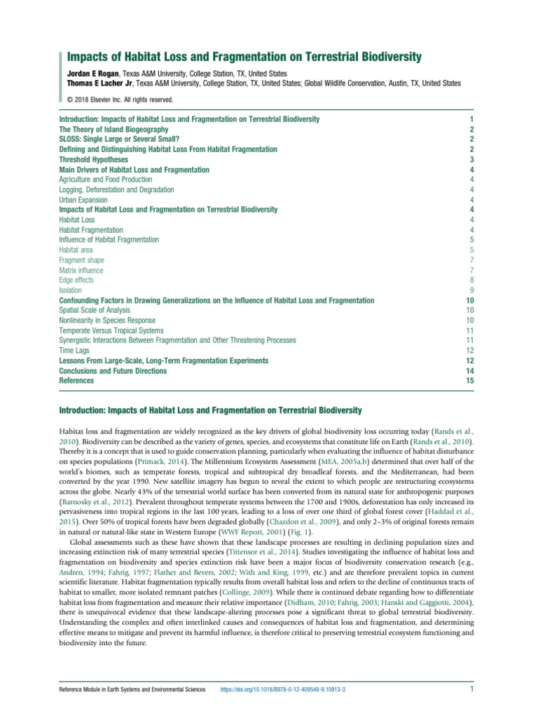 Impacts of Habitat Loss and Fragmentation on Terrestrial Biodiversity ...