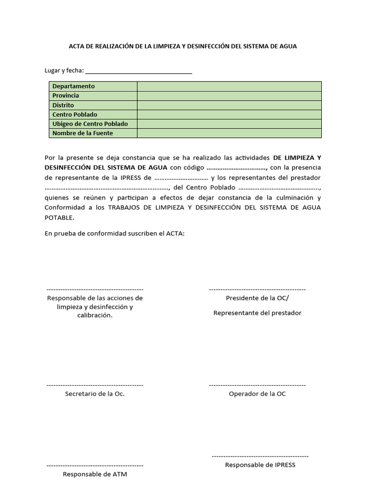 Anexo N°11 Módelo de Acta de Constancia de Realización de La Limpieza y Desinfección Del Sistema ...