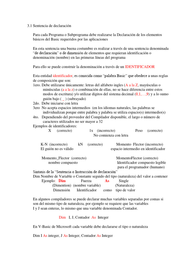3 Sentencias de Declaración | PDF | Variable (informática) | Básico