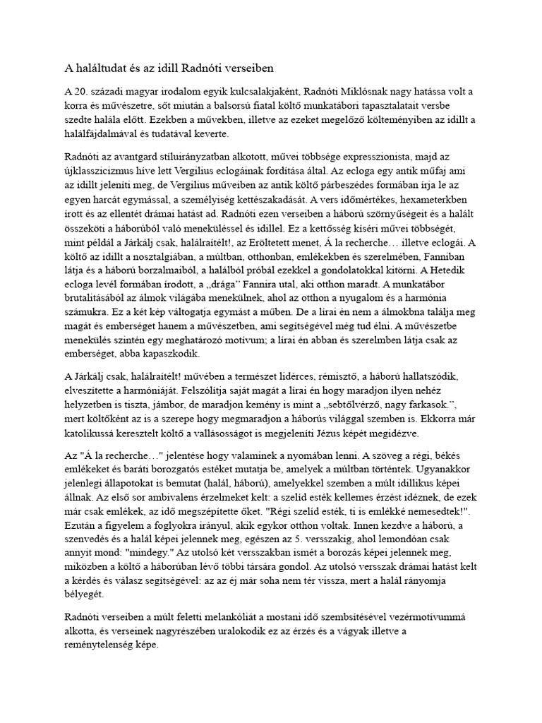 A Haláltudta És Az Idill Radnóti Verseiben | PDF
