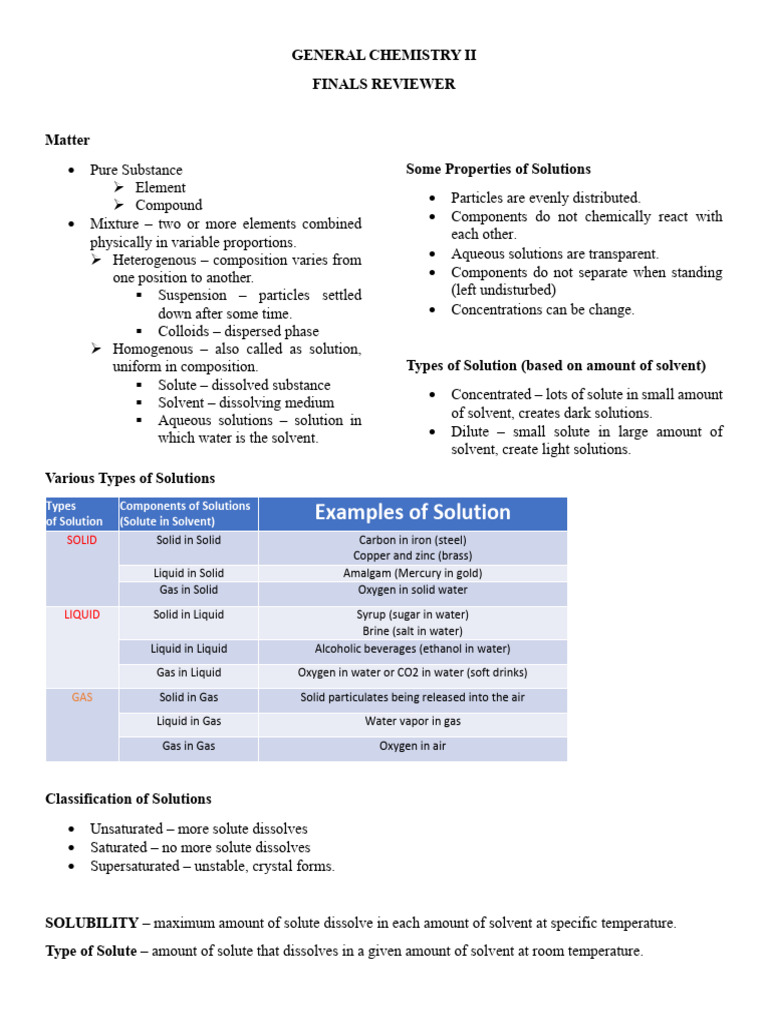 Gen Chem II Finals Reviewer | PDF | Solubility | Heat