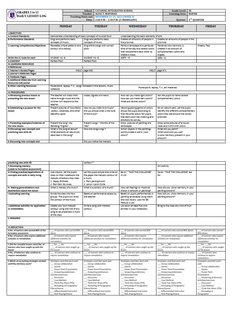 DLL_MAPEH 3_Q2_W3 | PDF | Learning | Paintings