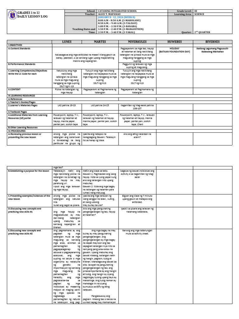 DLL Science 3 q2 w8 | PDF